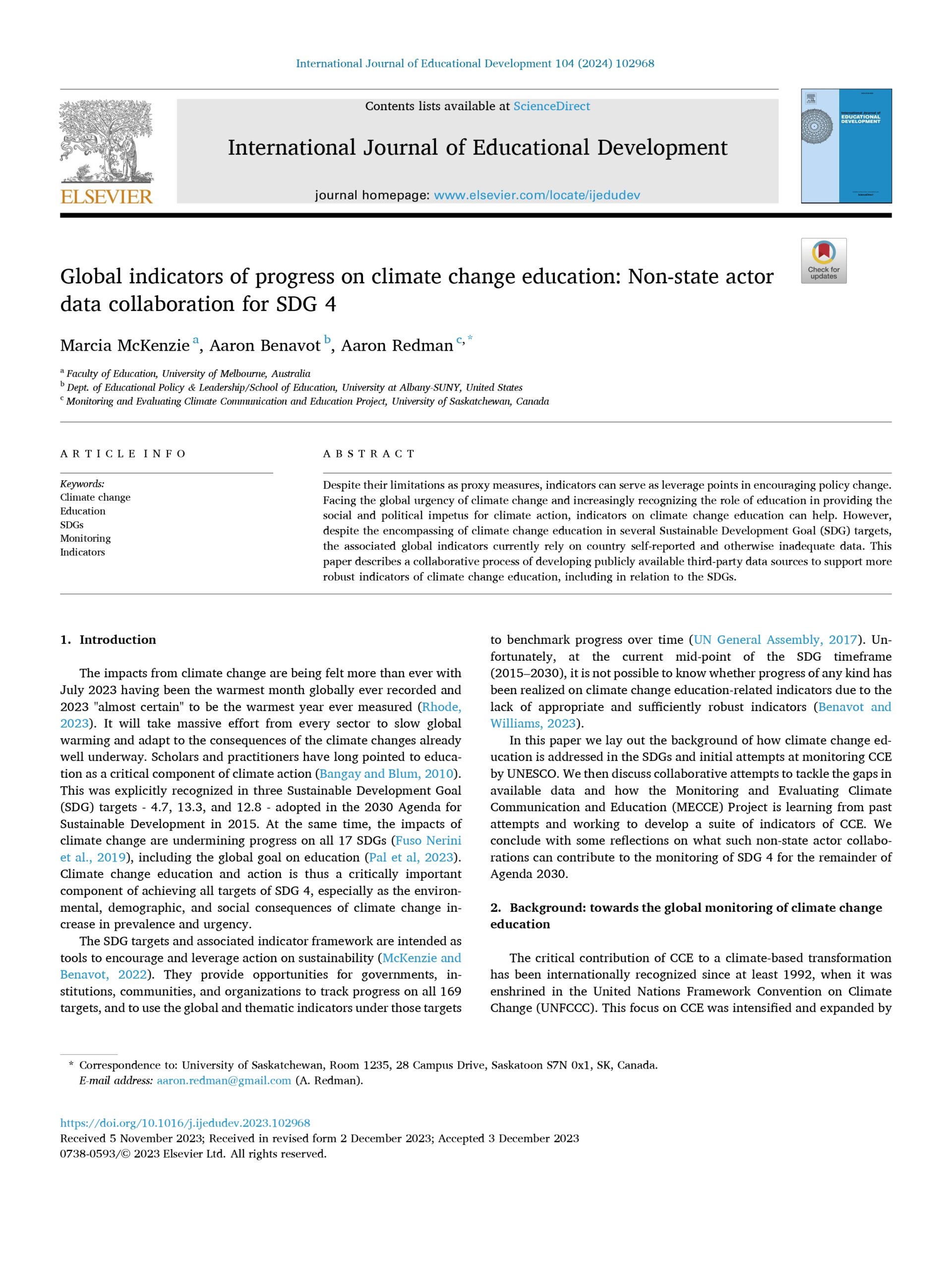 Global Indicators of Progress on Climate Change Education: Non-State ...